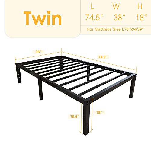 yookare 18 Inch Tall and Strong Platform Metal Bed Frame/Easy Assembly Mattress Foundation/ 4000lbs Heavy Duty Frame with Steel Slat Support/No Noise/No Box Spring Needed,Twin