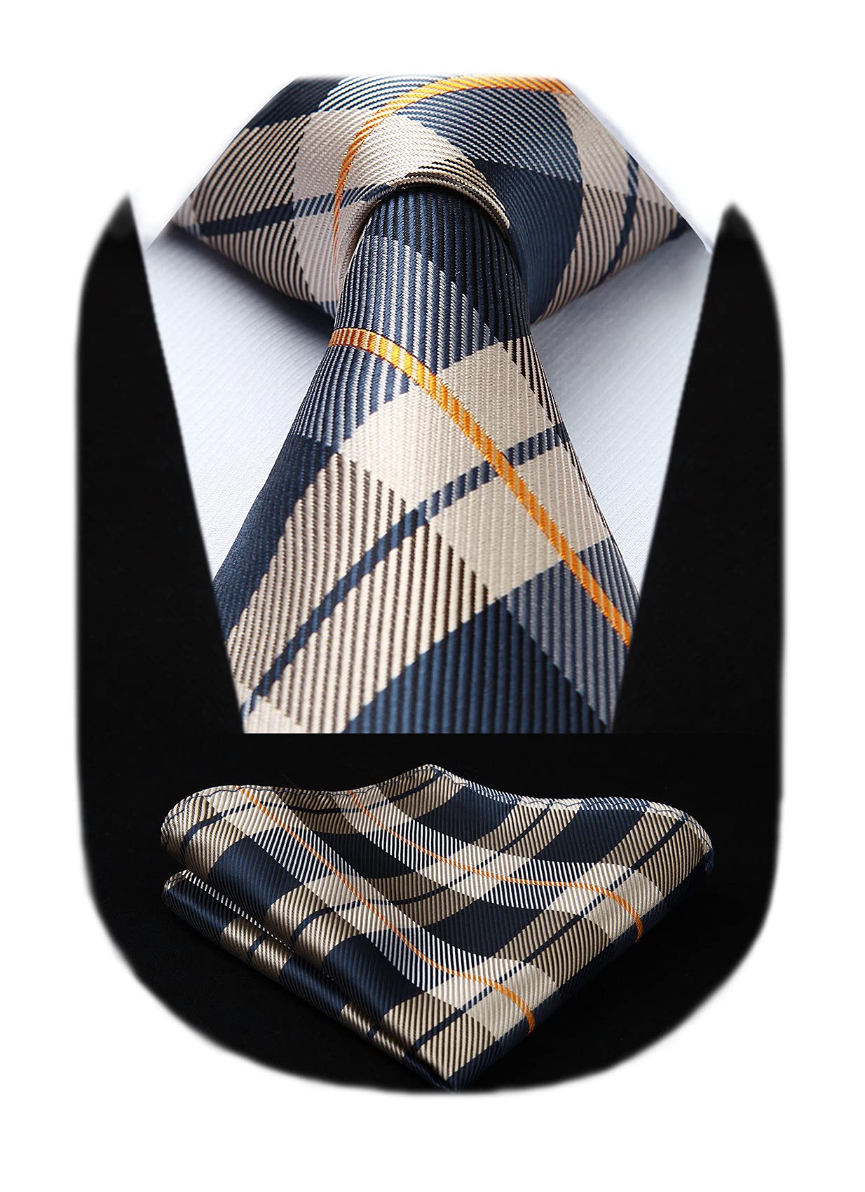 HISDERN Ties for Men Brown Plaid Tie Pocket Square Set Extra Long Mens Neckties and Handkerchief Formal Silk Checkered 63'' Necktie for Business