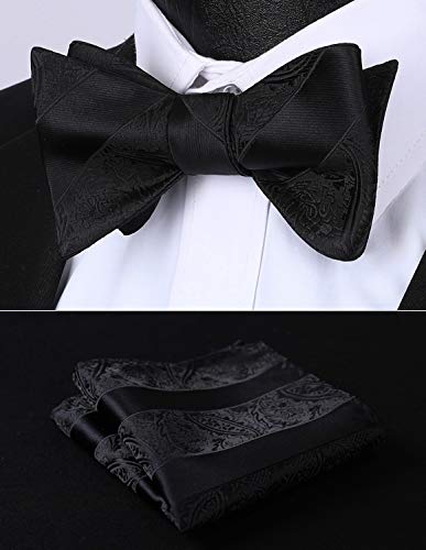 HISDERN Mens Black Bow Ties Floral Paisley Self Bow Ties for Men Formal Woven Silk Pocket Square Set with Gift Box for wedding