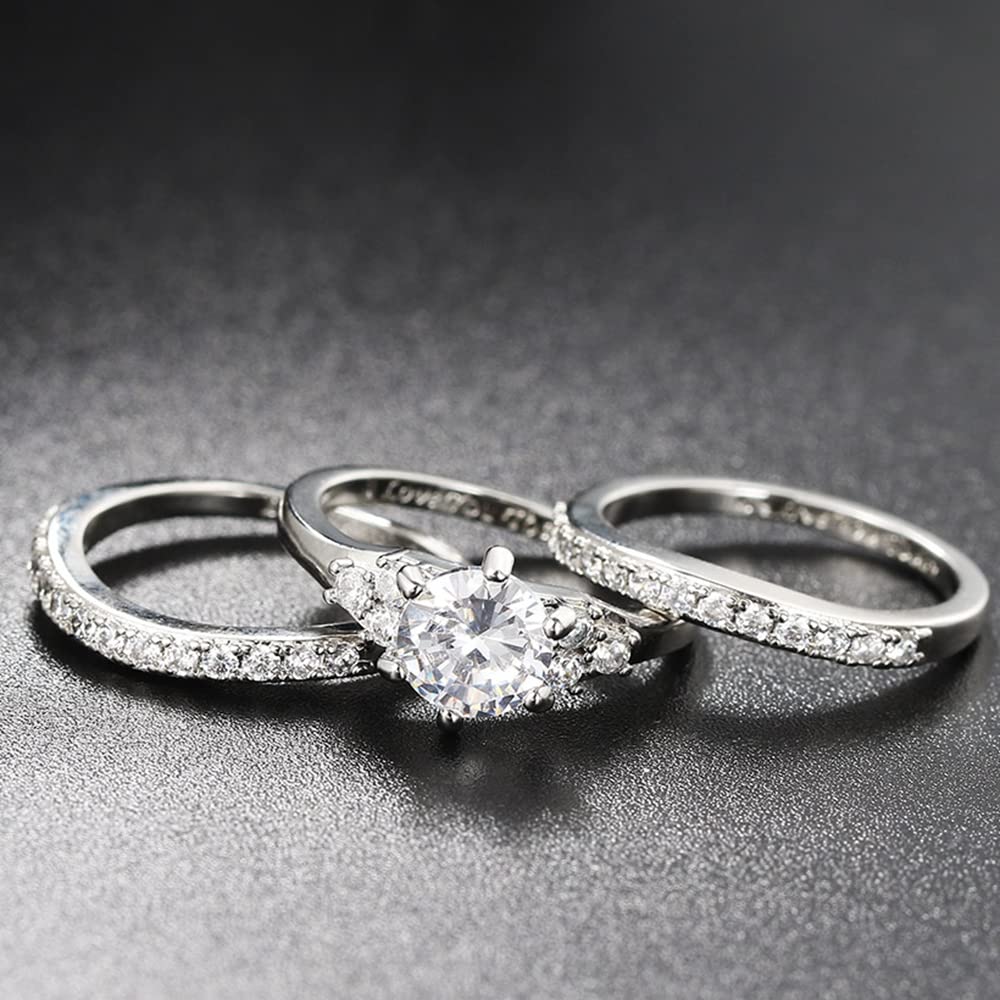 Jude Jewelers Platinum Plated Three-in-One Wedding Engagement Statement Proposal Valentines Halo Bridal Ring Set (Silver, 8)