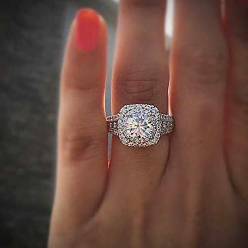 Huxindao Silver Plated Micro Pave Hand CZ Ring Zircon Ring Cubic Zirconia Promise Halo Engagement Wedding Band Ring Women (6)