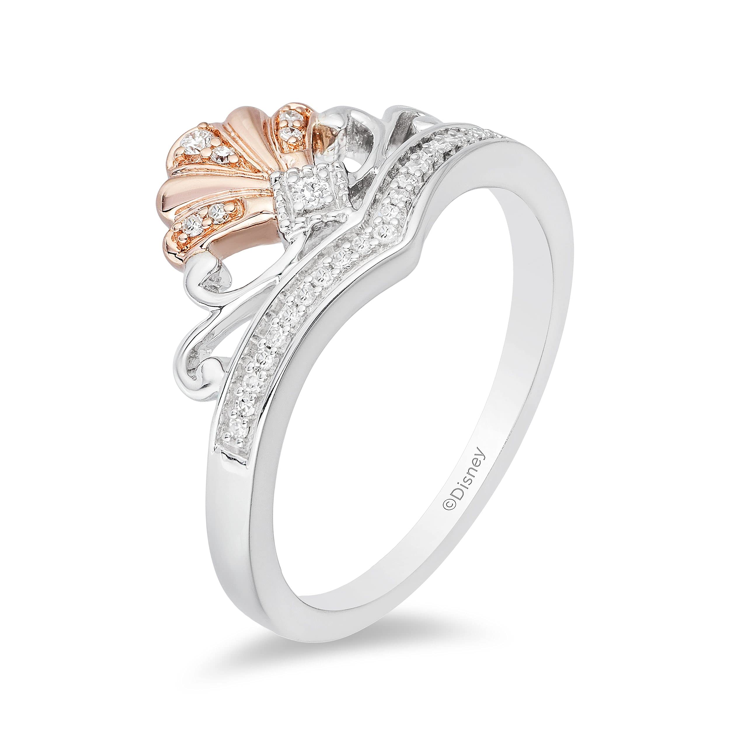 Jewelili Enchanted Disney Fine Jewelry 14k Rose Gold over Sterling Silver 1/10 Cttw Diamond Ariel Shell Tiara Ring Size 6
