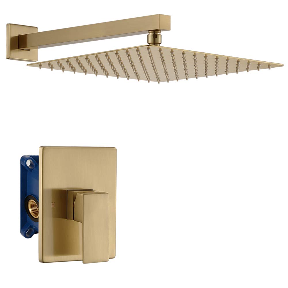 Iriber Single Function Shower Trim Kit with Rough-in Valve, Bathroom Gold Brushed Shower System Faucet Set with 12 Inch Rainfall Square Stainless Steel Metal Showerhead, Champagne Bronze