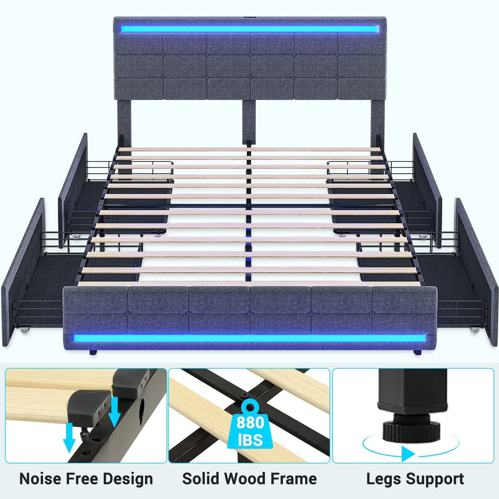HAUOMS Queen Platform Bed with 4 Storage Drawers, Adjustable Headboard LED Lights, Dark Grey