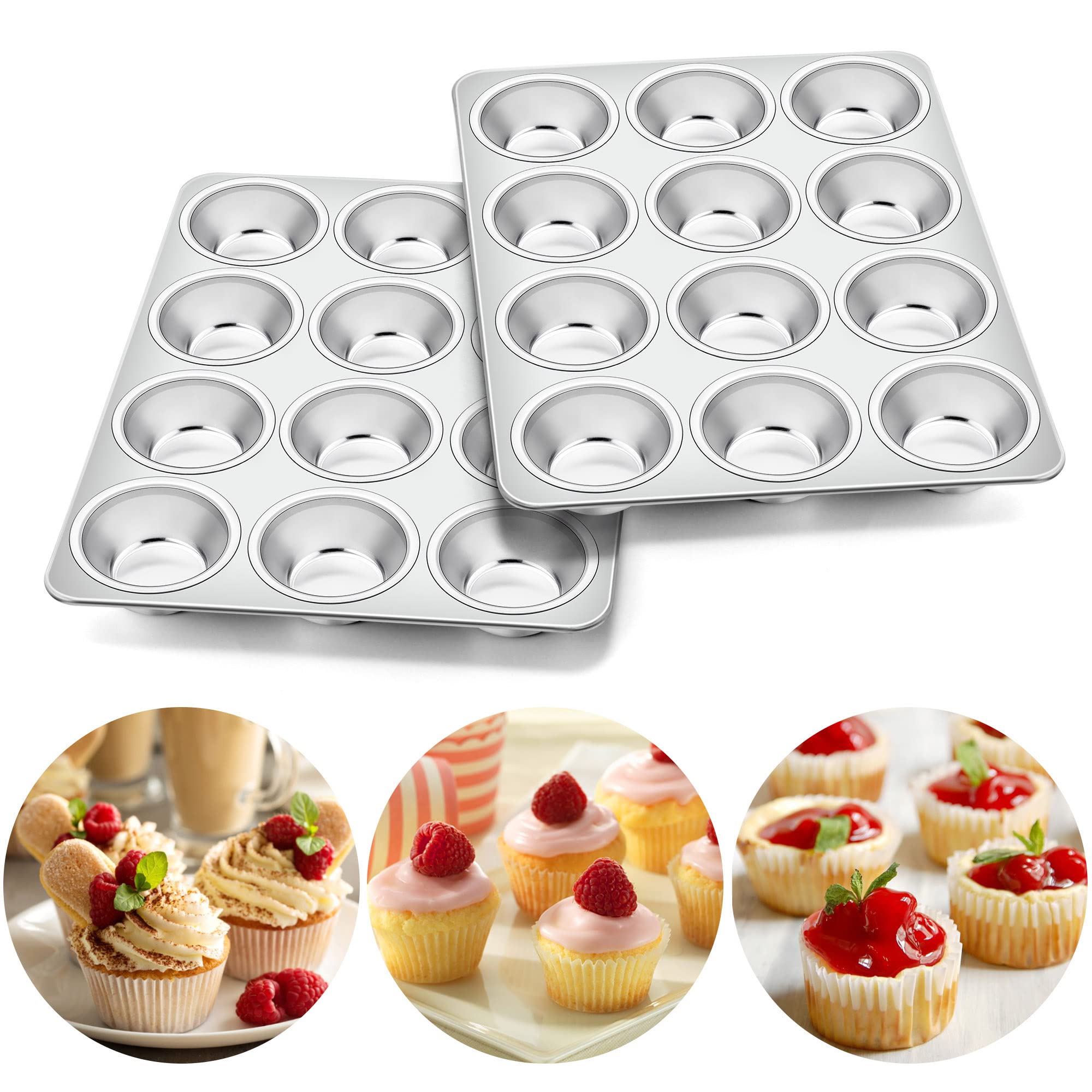 Homikit Muffin Pan Set of 2, Stainless Steel Cupcake Tin Pans with 12 Regular Size Cups for Oven Baking, Deep Metal Muffin Tray Molds Great for Home Kitchen, Rust Free, Dishwasher Safe