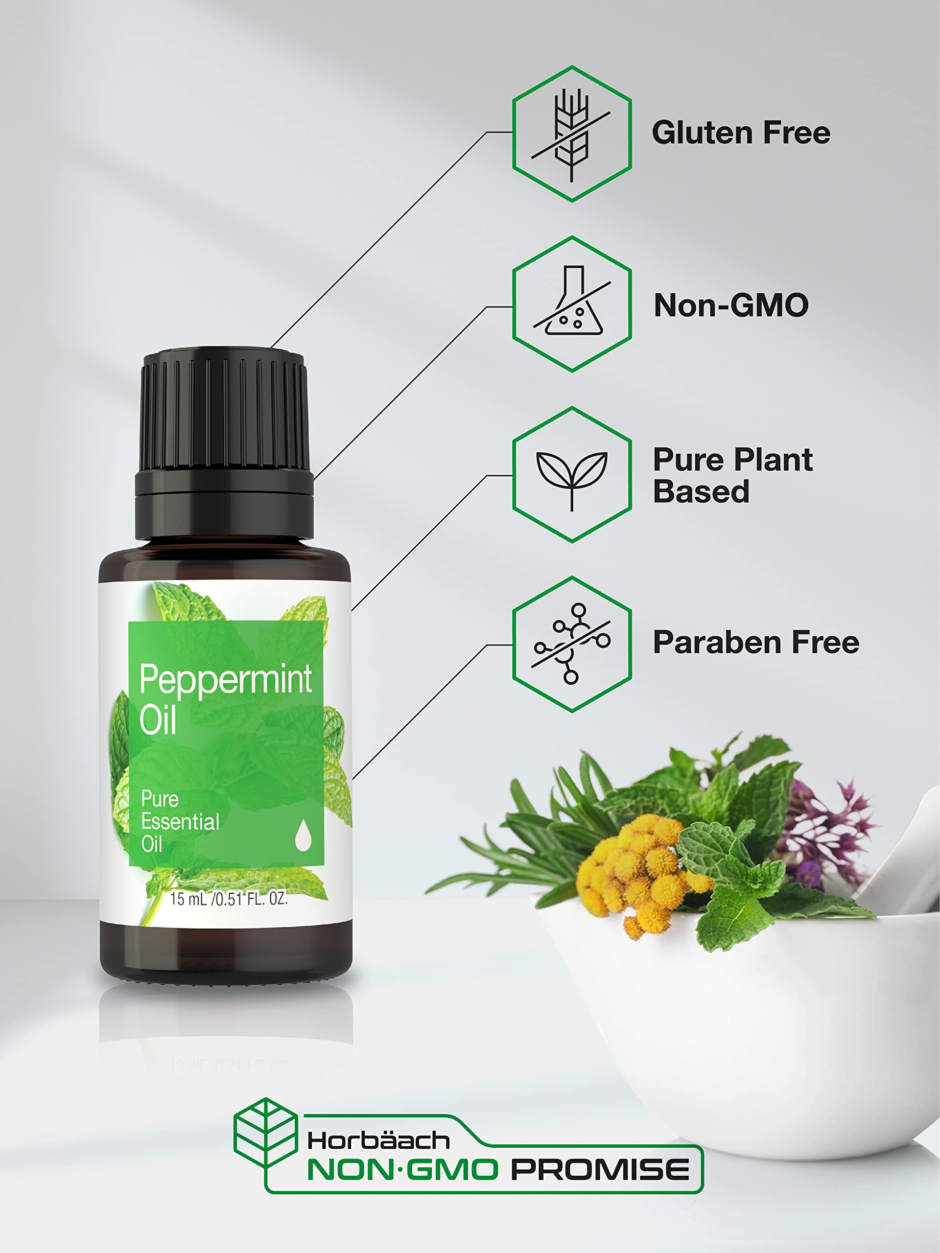 Horbäach Peppermint Essential Oil | .51 fl oz (15mL) | for Massage, Bath & Diffuser