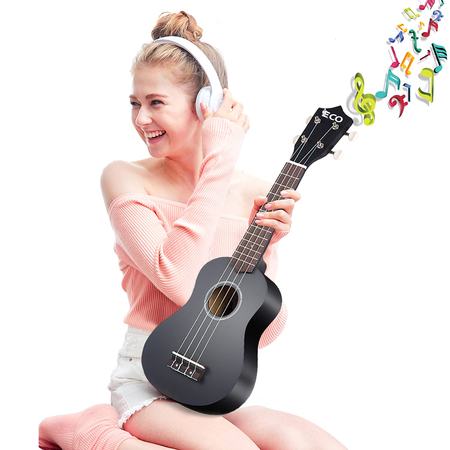 iECO Soprano Ukulele Beginner Kit for Kids Adults 21 Inch Ukelele w/Case Strap Tuner Strings Picks (Pink)