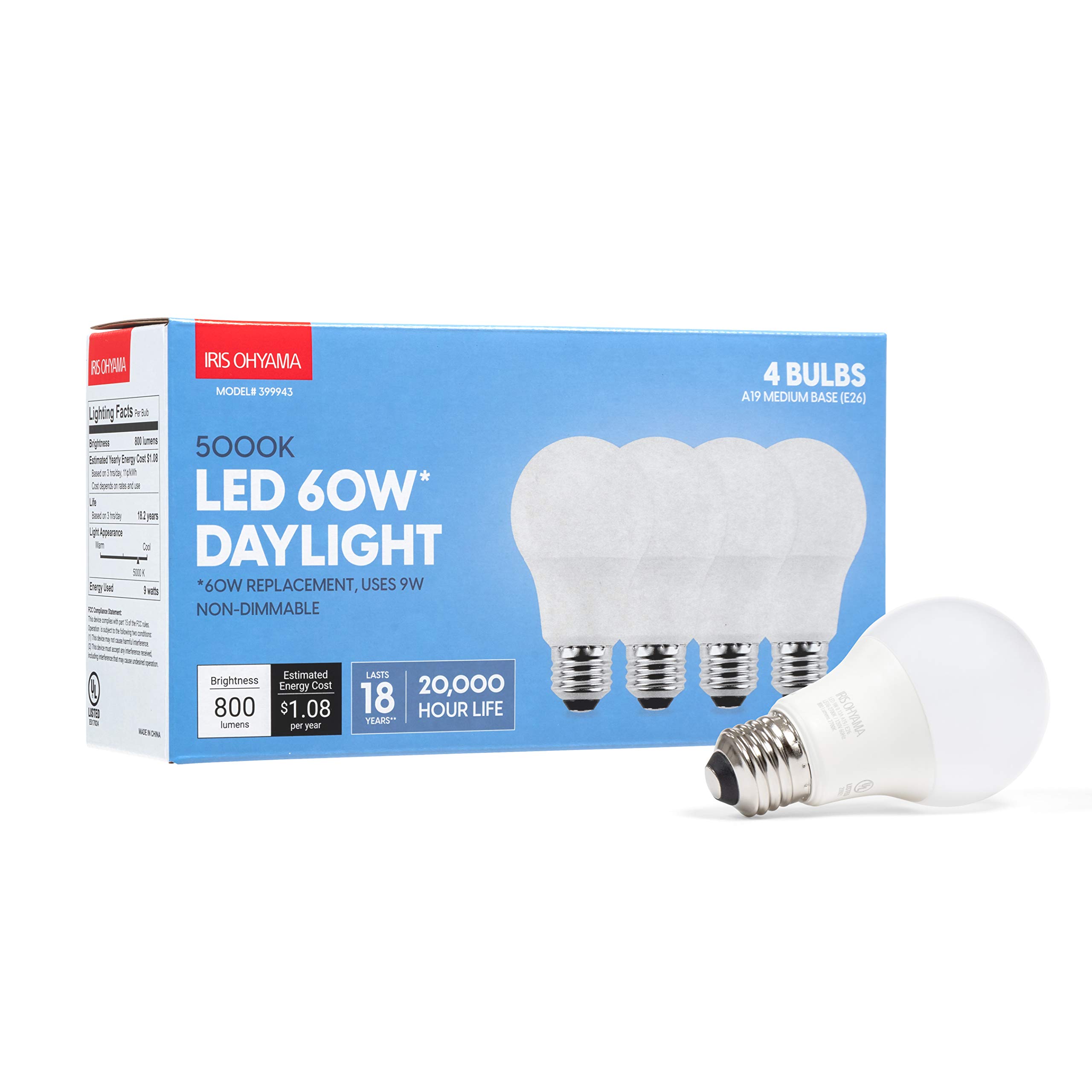 IRIS USA Non-Dimmable A19 LED Light Bulb with 20,000 Hours (18 Years) Life Span, 5000K 9W (60W Equivalent), Daylight, 4 Pack
