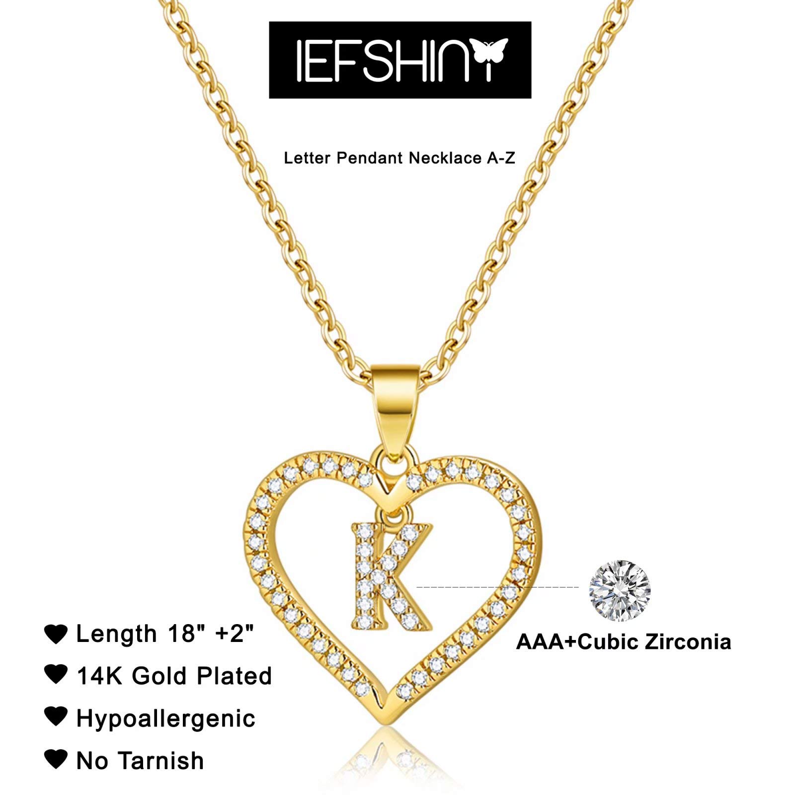 IEFSHINY Initials Letter Necklace for Girls Women, 14k Gold Plated K Letter Big Necklaces for Women CZ Pendant Necklace with Initials for Women Teen Girls Jewelry Teenage Mothers Day Valentines Gift