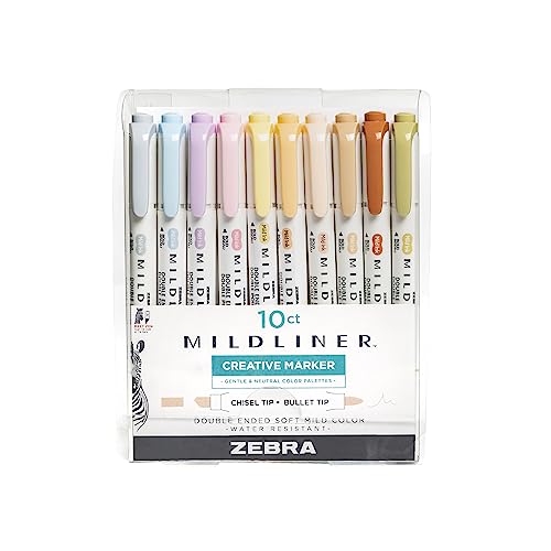 Zebra Pen Mildliner Double Ended Highlighter Set, Chisel and Bullet Point Tips, Assorted Neutral and Gentle Ink Colors, 10-Pack (78701)