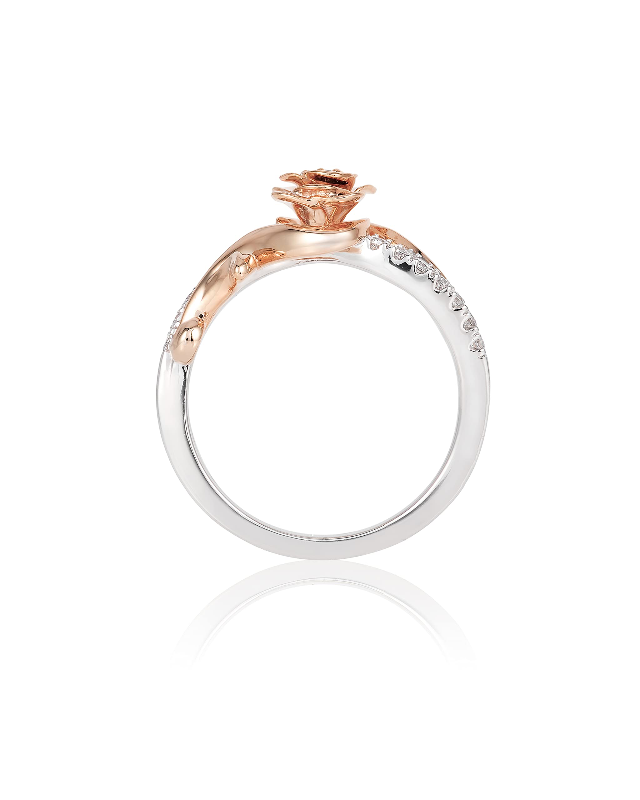 Jewelili Enchanted Disney Fine Jewelry 10k White and Rose Gold 1/5 Cttw Diamond Belle Rose Ring Size 8