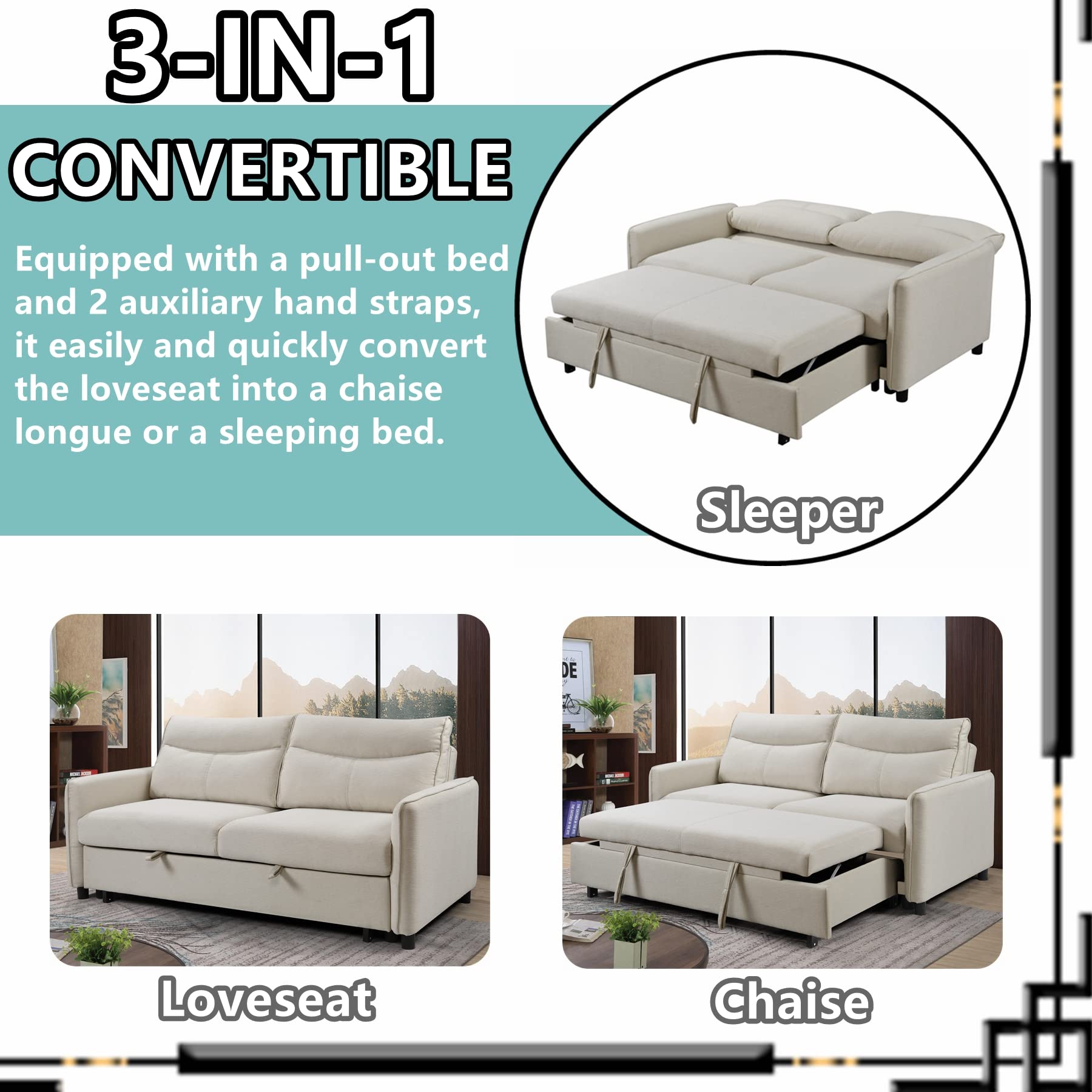 Gynsseh 3-in-1 Convertible Sleeper Sofa Bed, Queen Size Sofa Bed Couch with 2 Backrest Pillows, Pinstripe Upholstered 3-Seat Sofa Couch with Pull Out Bed for Living Room, S3-Beige