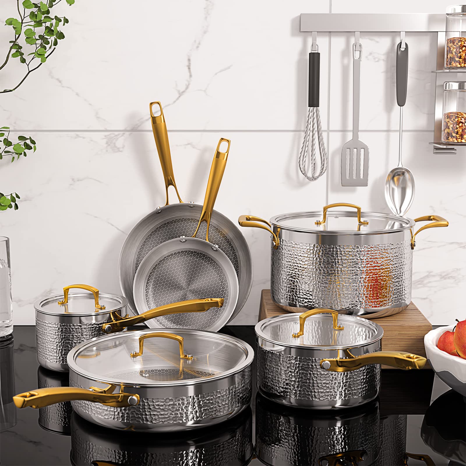 Homaz life Stainless Steel Pots and Pans Set, Tri-Ply Hammered Kitchen Cookware with Glass Lids, Induction Compatible, Non-Toxic, 10-Piece