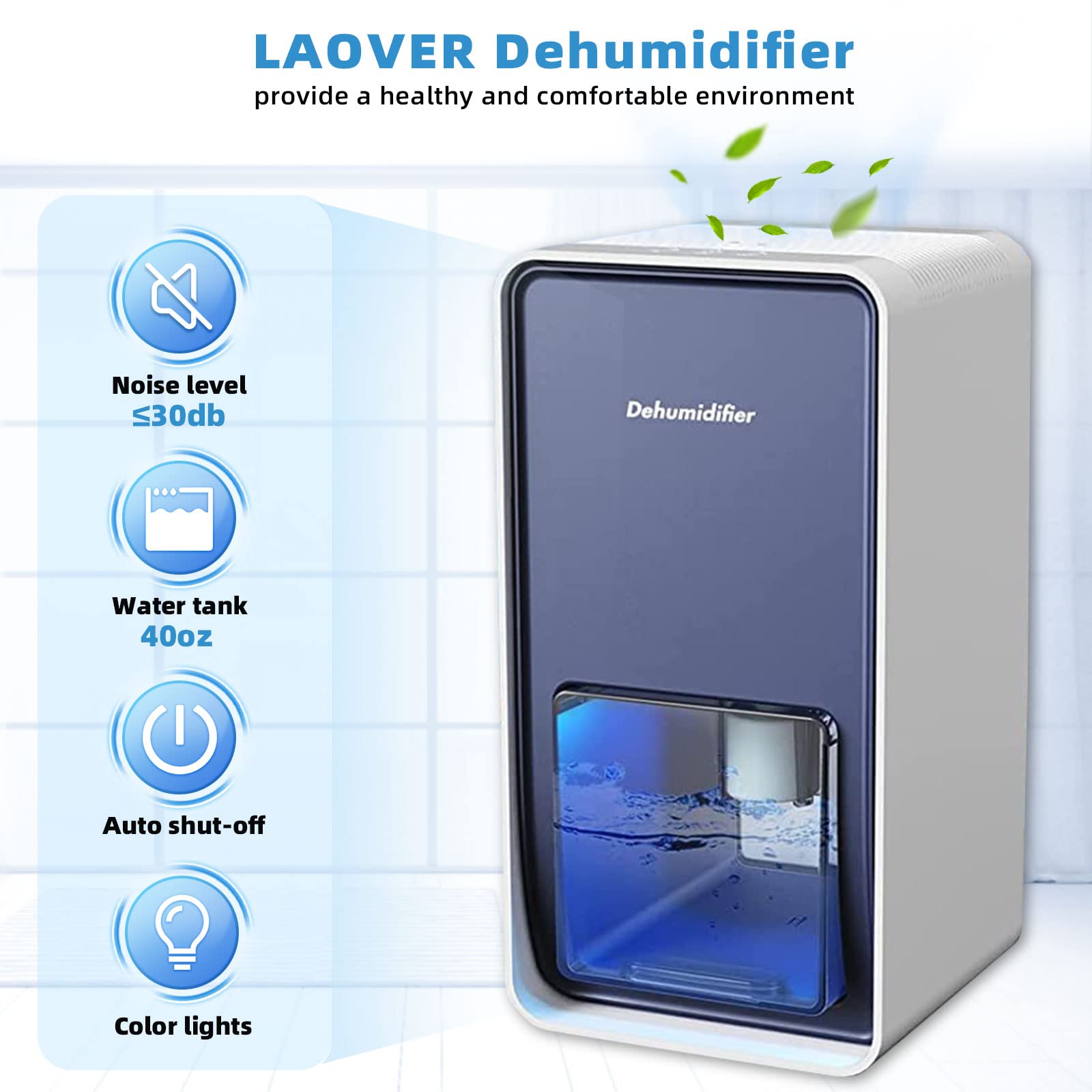 LAOVER Small Dehumidifiers, 40oz Dehumidifier for Bedroom with 7 Color LED Lights and Auto Shut Off Function, Quiet Portable Dehumidifier 300 Sq.ft for Bedroom RV Bathroom Closet Office