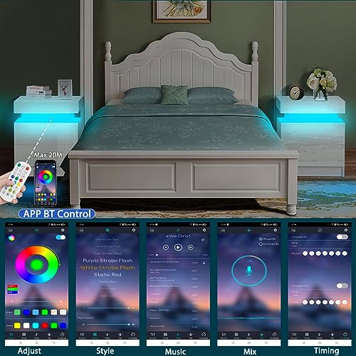 HOMMPA LED Nightstand White Nightstand with Led Lights Modern Night Stand with 2 High Gloss Drawers Led Bedside Table Smart Nightstand for Bedroom 20.5β Tall
