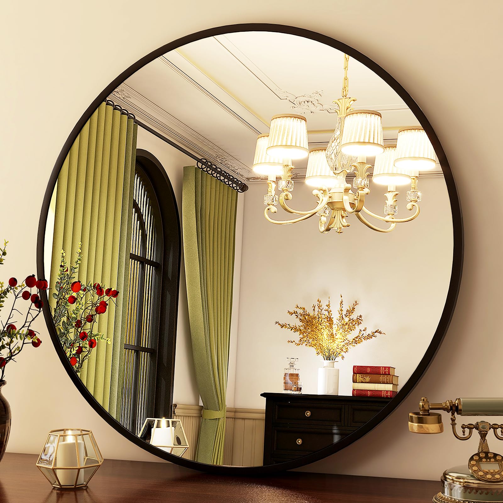 HARRITPURE Round Mirror 30 Black Wall Mounted Circle Mirrors Vanity Mirror with Brushed Aluminum Alloy Frame Modern Decoration for Bathroom, Living Room, Vanity, Bedroom, Entryway