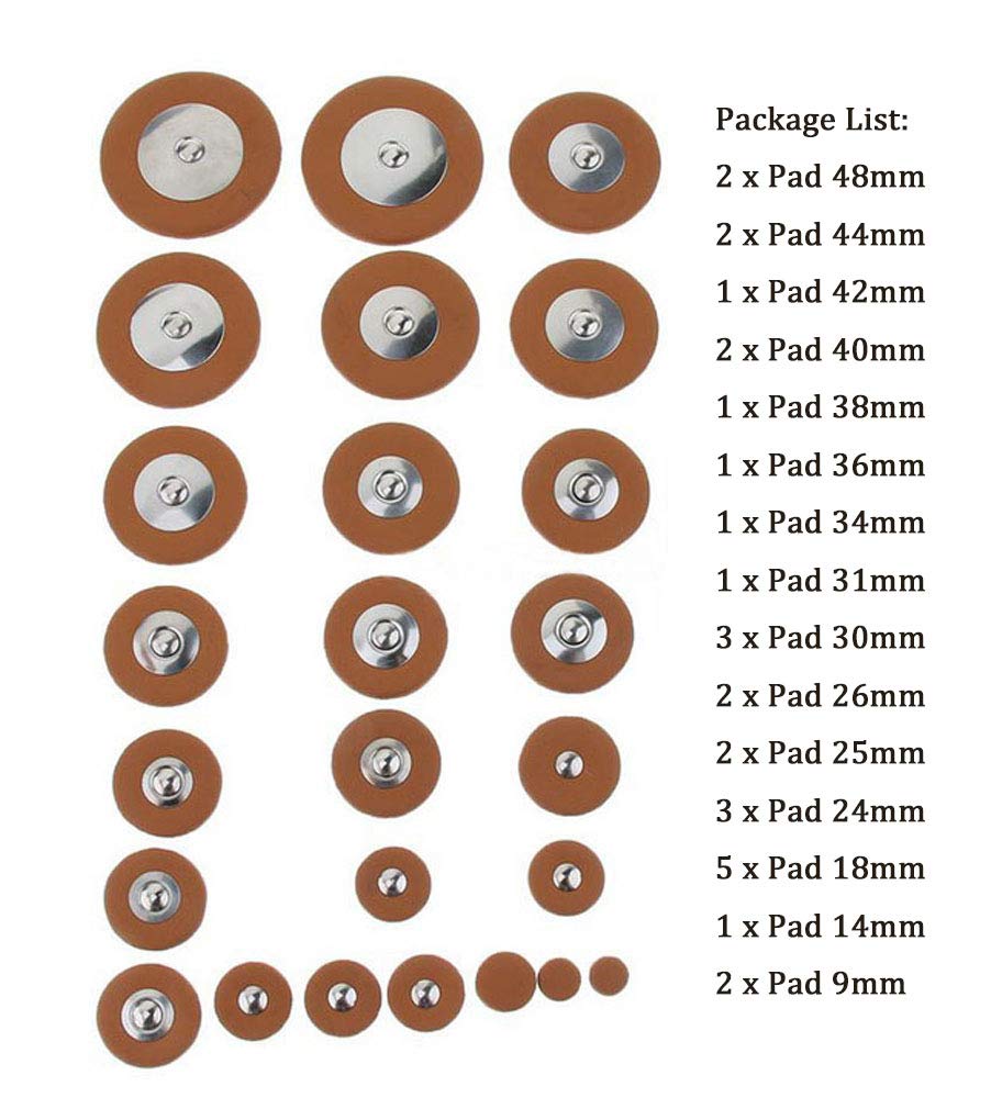 Jiayouy 25 Pieces Leather Pads Alto Sax Pads Replacement Set Saxophone Repair Parts Brown 9mm to 48mm