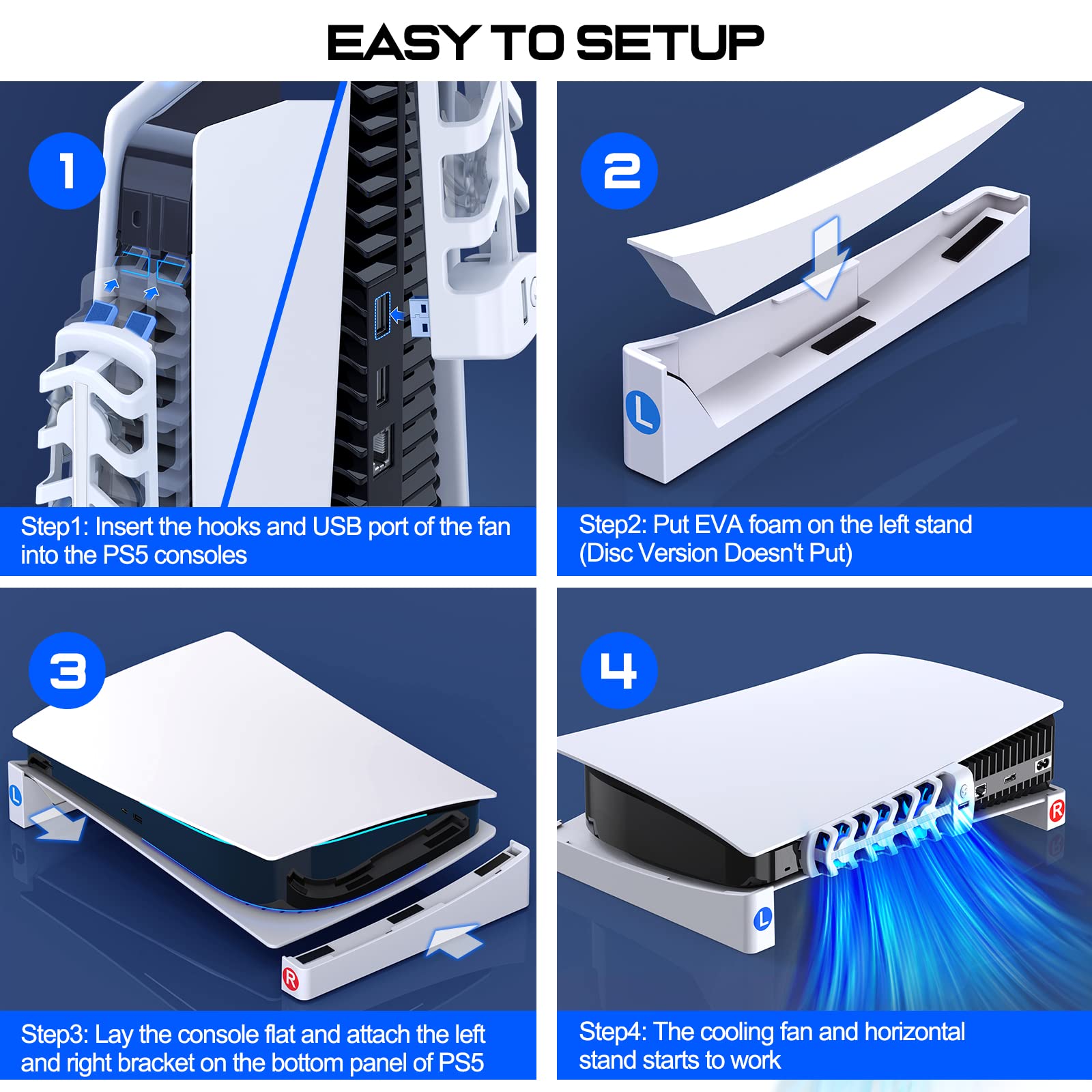 Horizontal Stand with 3 Silent Cooling Fans Compatible with Playstation 5, PS5 Accessories Cooling Station, Cooling Fan and Stand Horizontal Kit for PS5 Console Disc/Digital (Not Fit 2023 PS5 Slim)