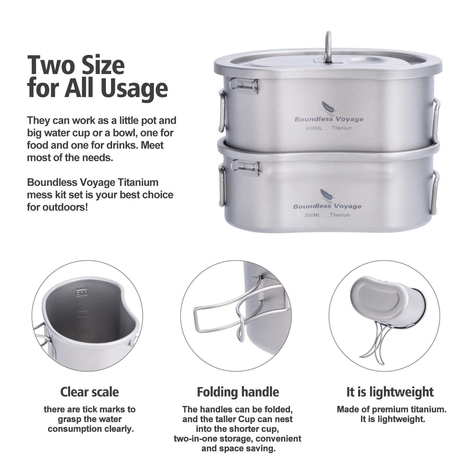 iBasingo 300ML & 600ML Titanium Cup Set Canteen Mess Kit with Folding Handle Hanging Ring Ultralight Portable Cookware for 1 Person Outdoor Camping Backpacking Hiking Small Lunch Box Ti2046C