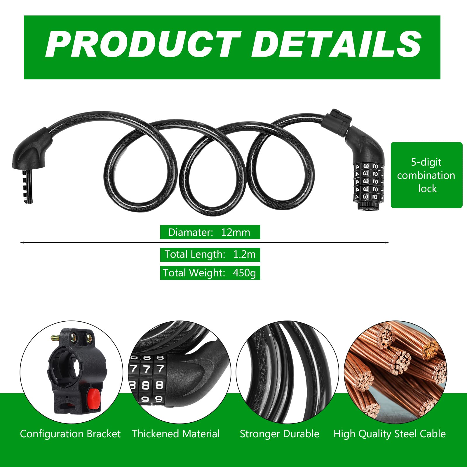 Hoteam 4 Pcs 4 Feet Coiled Bike Lock 5 Digit Resettable Combination Bike Cable Lock Heavy Duty Security Anti Theft Bicycle Lock with Mounting Bracket for Bikes Scooter Door Gate Fence (Black)