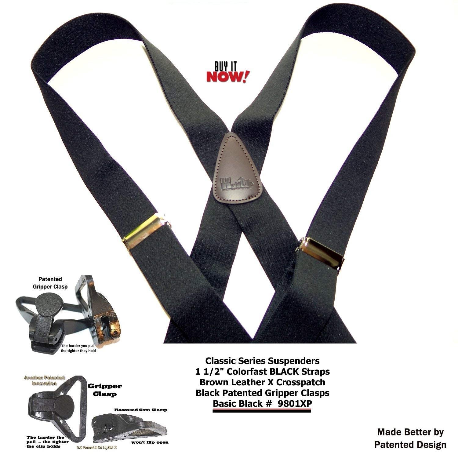 HoldUp Brand Classic Series Black 1 1/2" Suspenders for Men with USA Patented Black Gripper Clasp