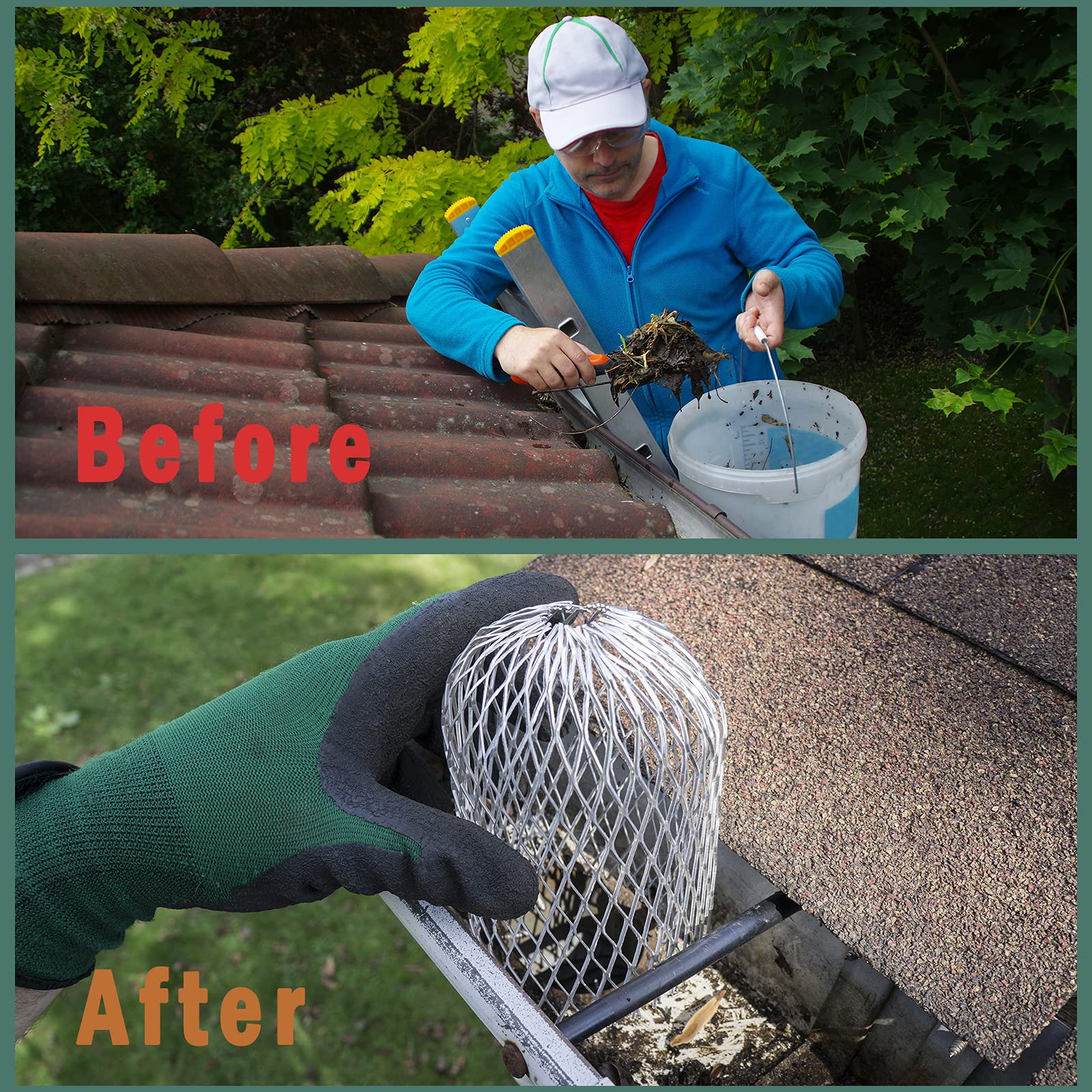 HQZ 6 Pack Gutter Guards & Gloves Set, Stainless Steel Gutter Leaf Guards Gutter Strainer, Leaf Filter Gutter Protection for Stopping Blockage Leaves and Debris(4 inch)