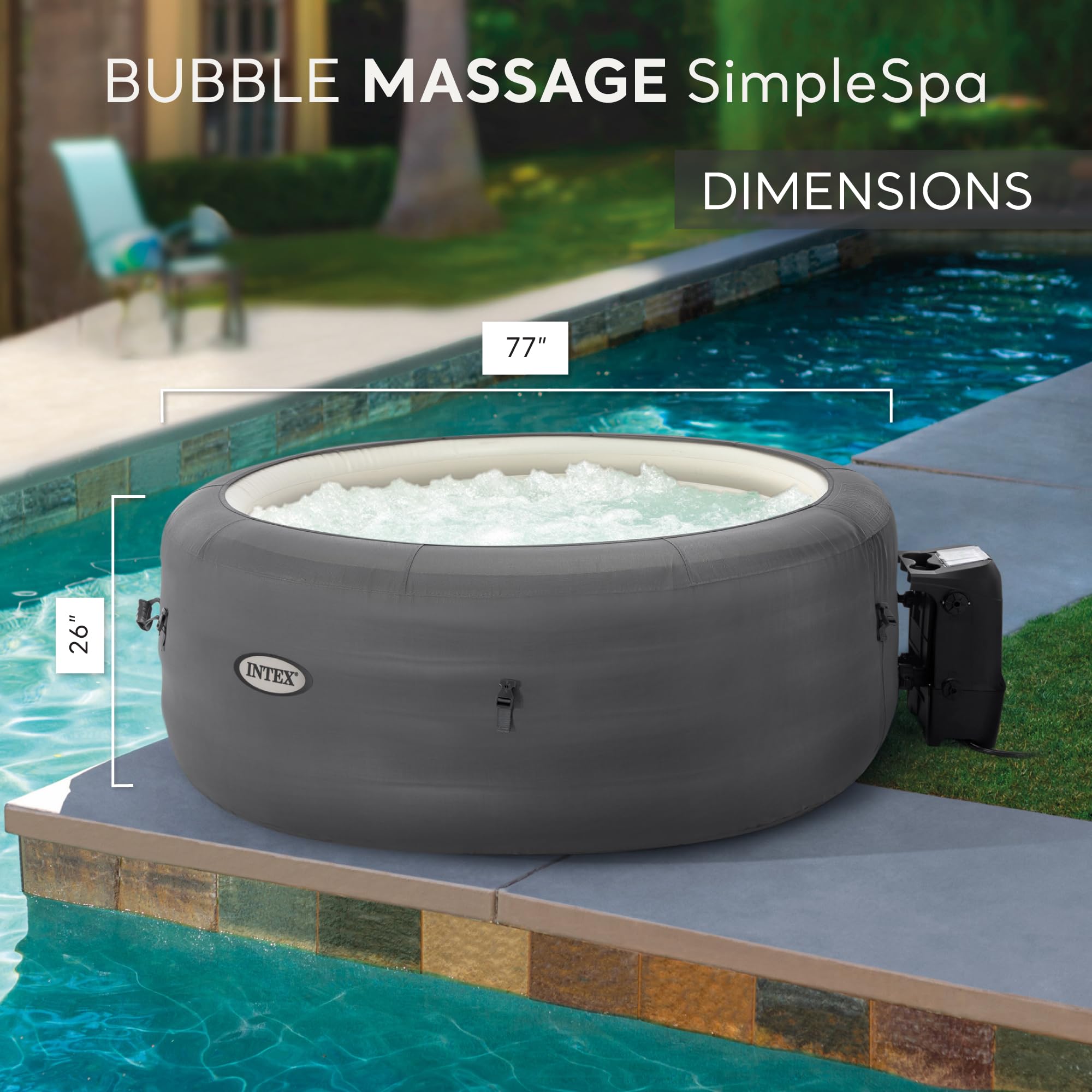 INTEX 28483E SimpleSpa Bubble Massage Spa: includes Insulated Cover β Built-in QuickFill Inflation β Soothing Jets β 4 Person Capacity β 77" x 26"