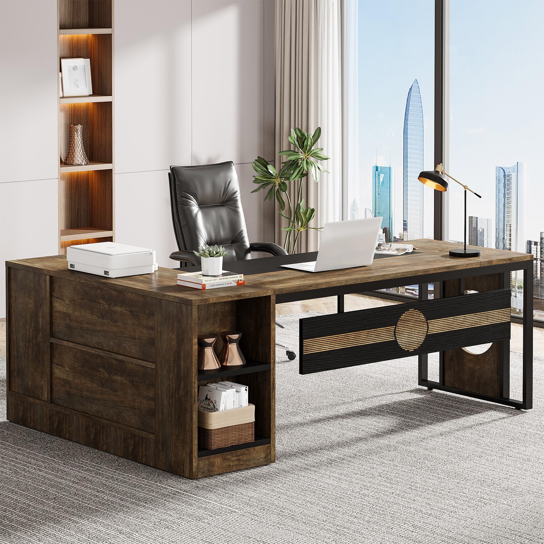Tribesings L Shaped Desk with 55-Inch Storage Cabinet, Extra Large Executive Office Desk with 2 File Drawer, Open Storage Shelves, Home Office Corner Computer Desk Work Desk, Rustic Brown