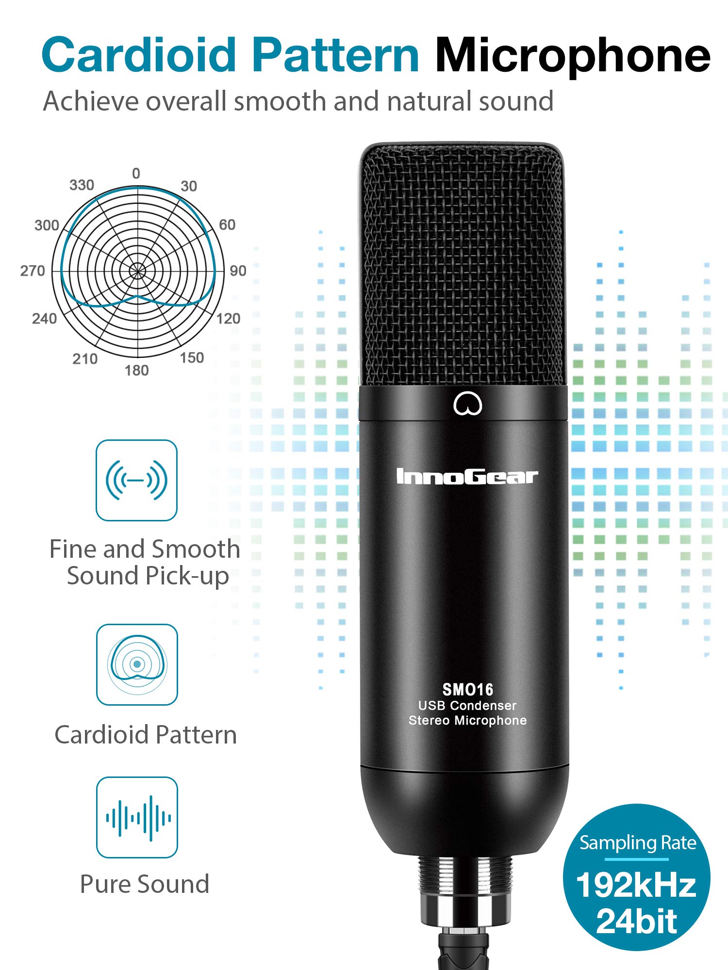 InnoGear USB Microphone, 192KHZ/24BIT Plug & Play PC Computer Professional Cardioid Mic with Mic Stand Shock Mount Pop Filter USB Cable for Studio Podcasting YouTube Gaming Streaming