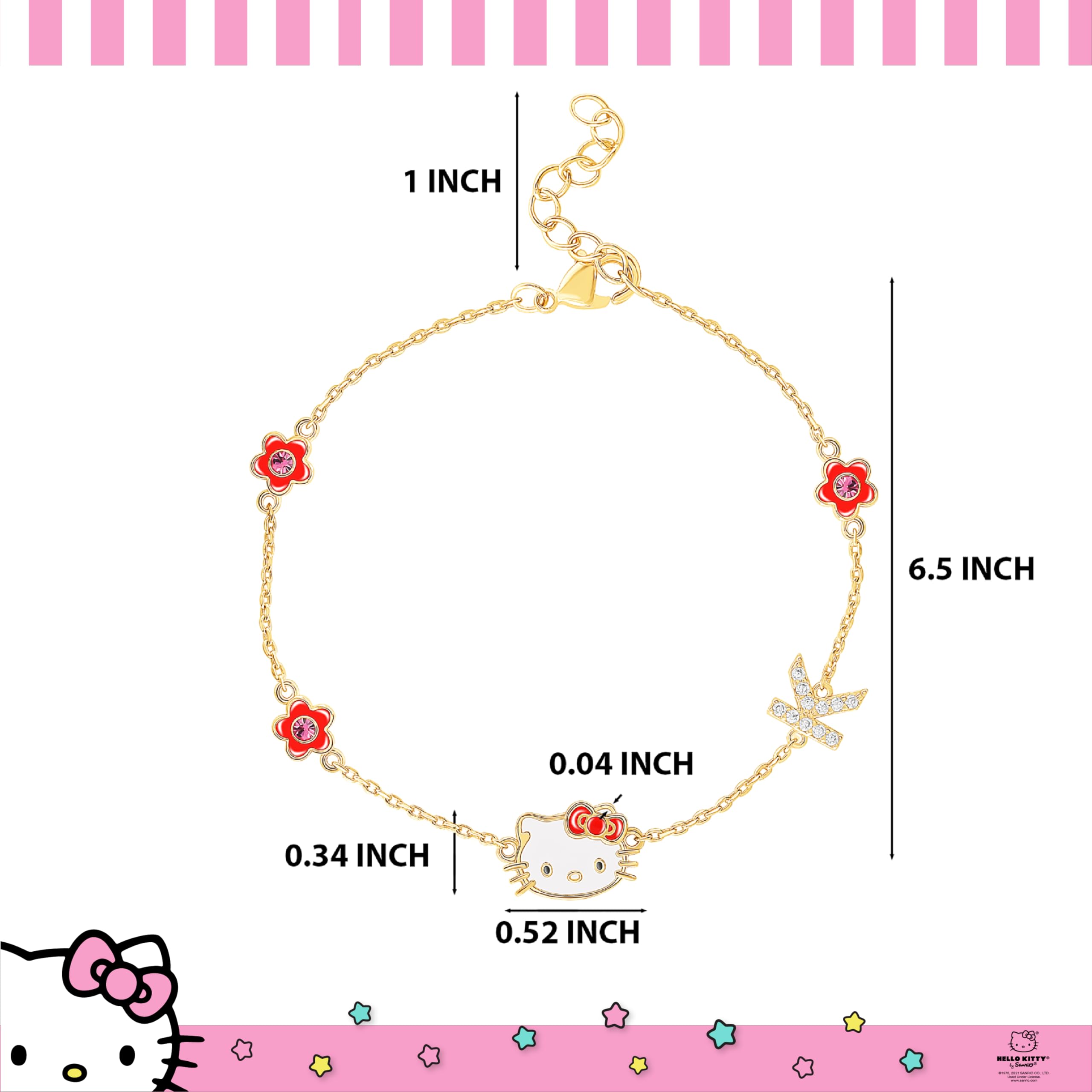 Hello Kitty Sanrio Womens Initial Bracelet 6.5" + 1"- Official License 18k Flash Plated Cubic Zirconia Letter K Bracelet