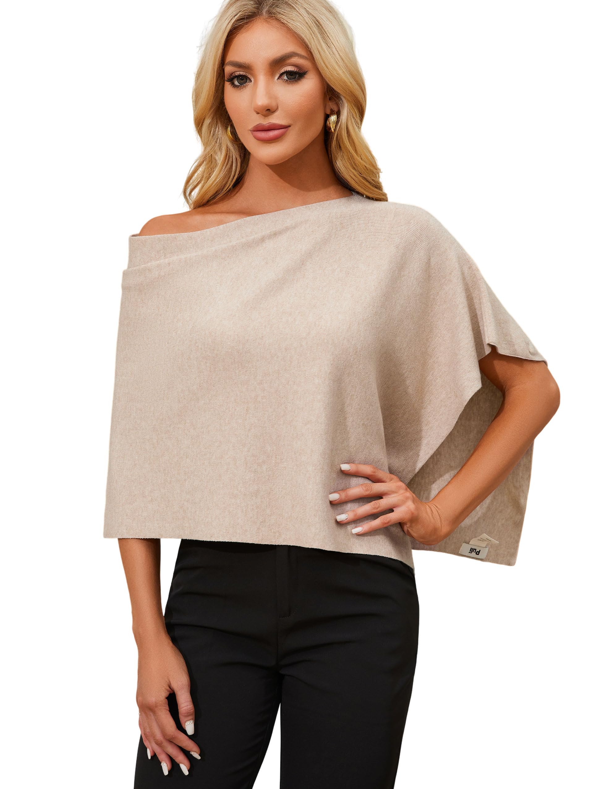 PULI Women Capri Poncho Sweater Cropped Versatile Shawl Soft Knit Shawl Wraps Cowl Neck Ponchos Short Tops Barley Twist