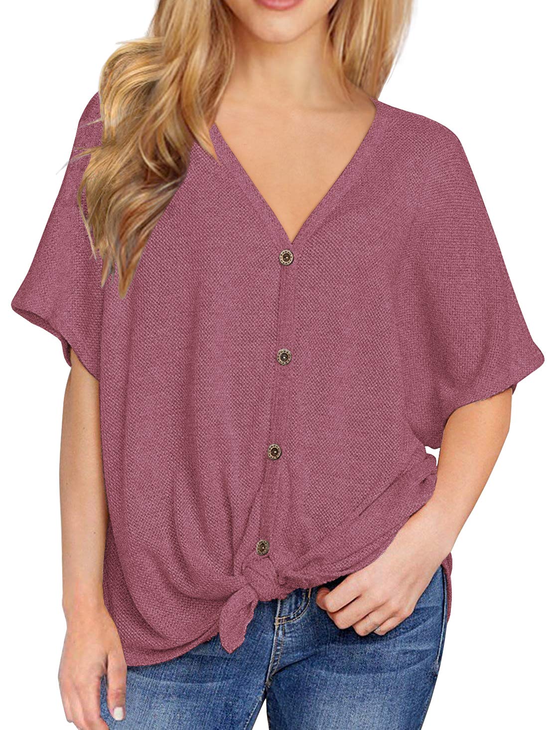 IWOLLENCE Womens Loose Henley Blouse Bat Wing Short Sleeve Button Down T Shirts Tie Front Knot Tops Rust Red XX-Large