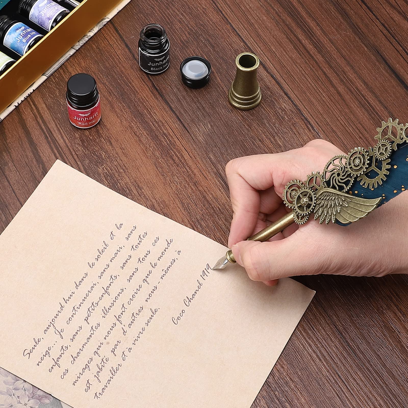 Junhartt Quill Feather Pen and Ink Set - Antique Calligraphy Dip Pen with 6 Nibs (Cyan)