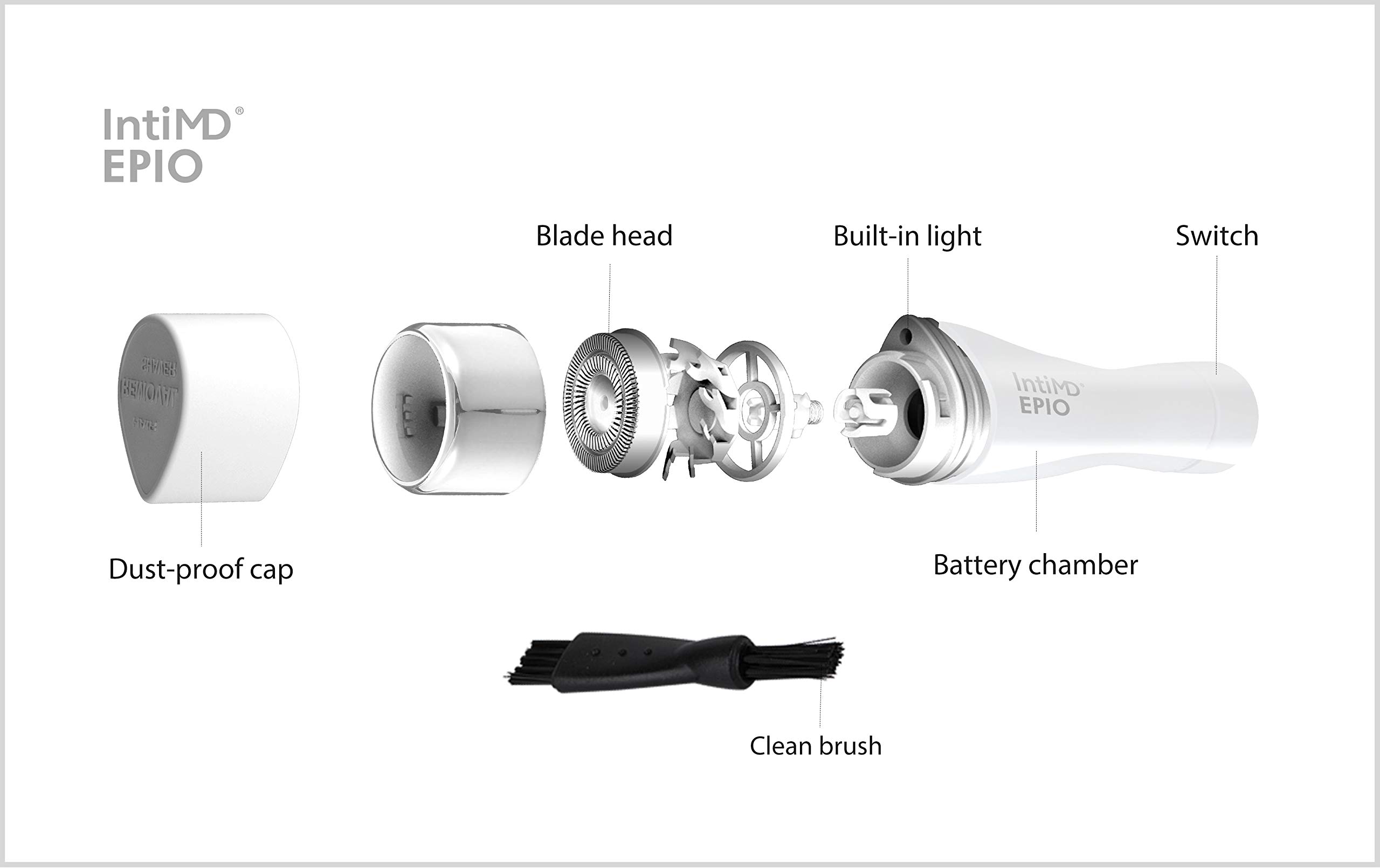 IntiMD EPIO Portable Compact Discreet Hair Remover, Painless, Safe, Gentle, Remove Peach Fuzz, Last Minute Touchups, Built in Light