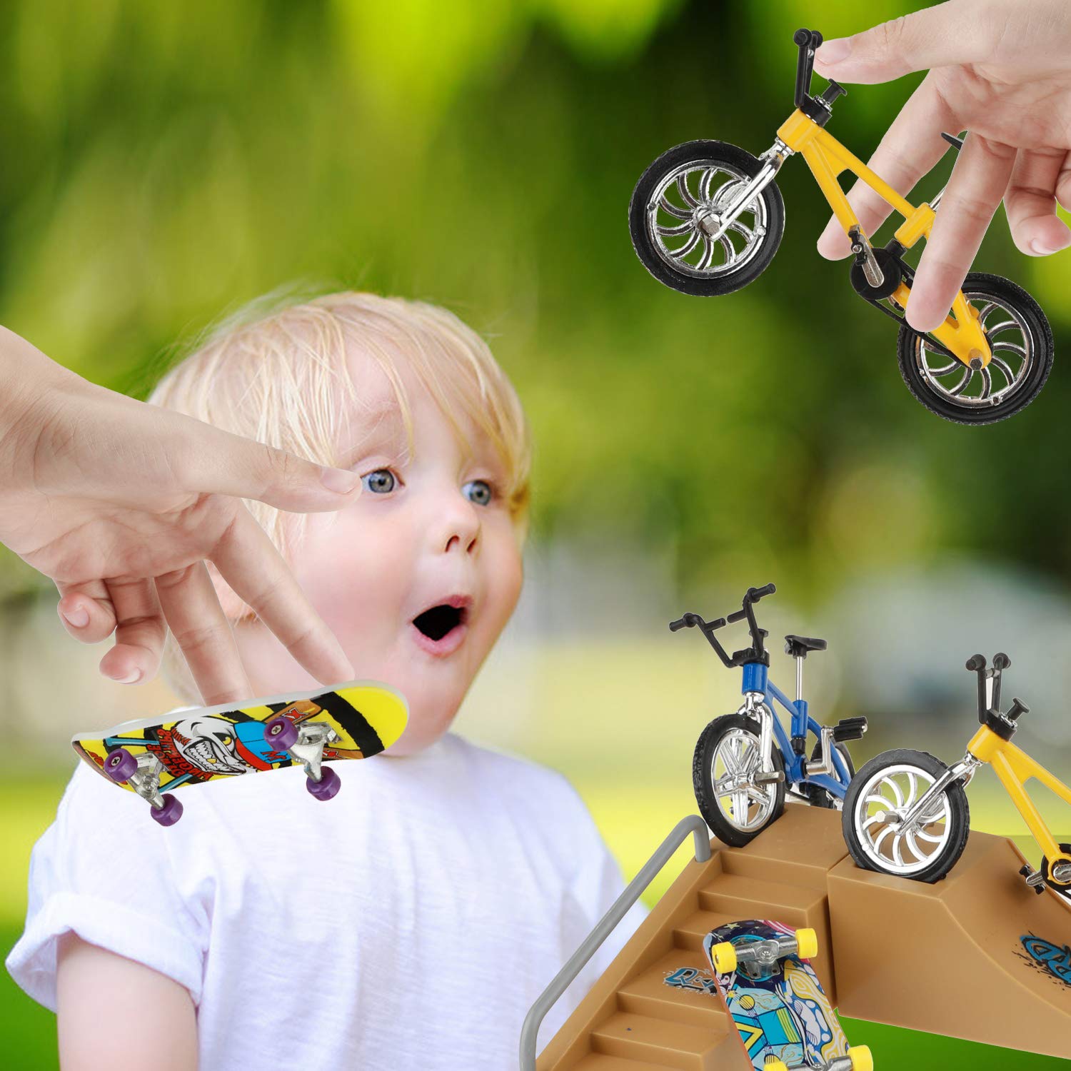 ideallife Skate Park Kit, Mini Finger Toys Set Finger Skateboards Finger Bikes Tiny Swing Board with Replacement Wheels and Tools (17 Pcs)