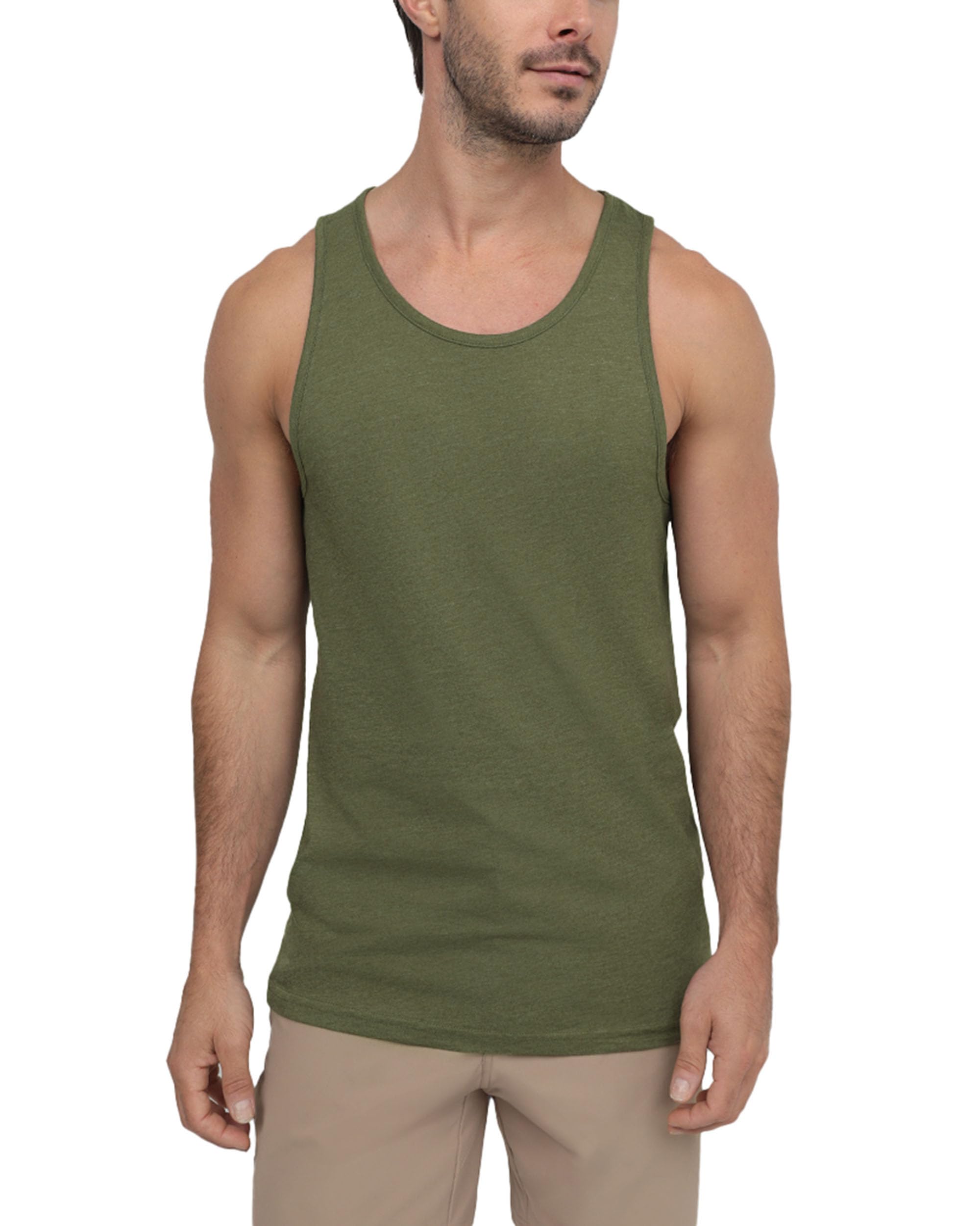 INTO THE AM Men's Essential Tank Tops - Soft Fitted Everyday Premium Sleeveless Muscle Shirt Bro Tanks for Guys (Olive Green, Large)