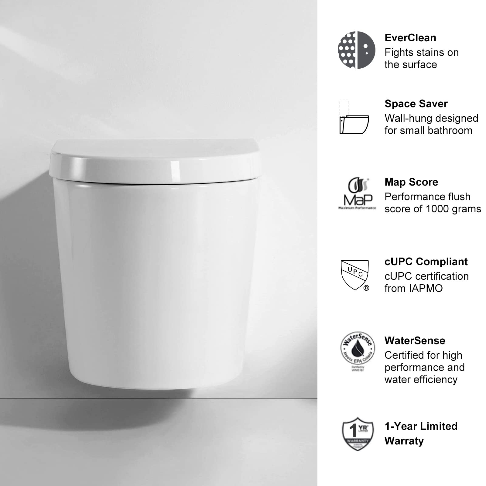HOROW Wall Hung Toilet HR-TG02W, Compact Wall Mounted Toilet with Soft Closing Seat, 1.6 GPF/1.1 GPF Dual Flush Ceramic Round Wall Toilet for Bathroom, White Toilet Bowl