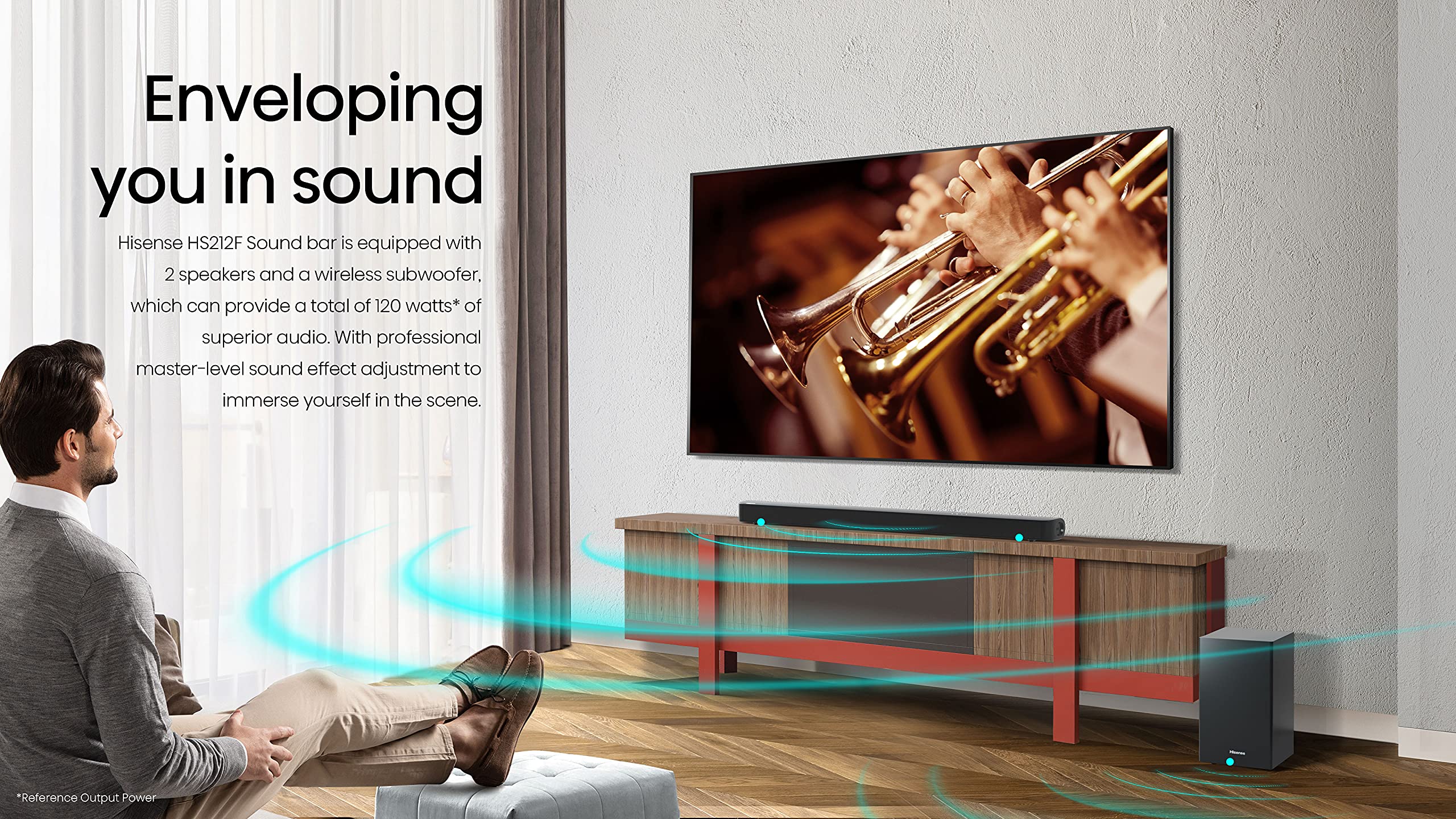 Hisense HS212F 2.1ch Sound Bar with Wireless Subwoofer, 120W, Pure Surround, Ezplay Support, Roku TV Ready, Bluetooth, HDMI ARC/Optical/AUX/USB, 3 EQ Modes, Black (Renewed)