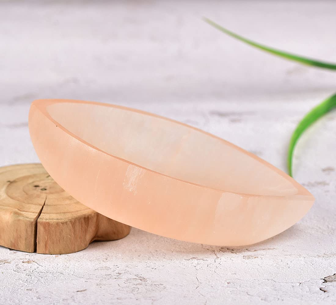 JIC Gem 4.5 Inch Selenite Crystal Bowl Moroccan Selenite Hand Carved Crystal Charging Bowl Home Decoration