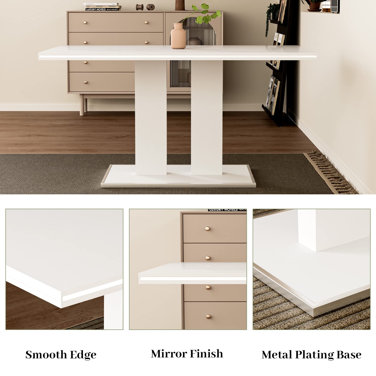 HIPIHOM Modern 59'' Kitchen Dining Table and Chairs for 6, 7 Pieces Rectangular Dining Table Set for Home, Kitchen, Living Room, Dining Room (Table+6 White Mermaid Chairs)