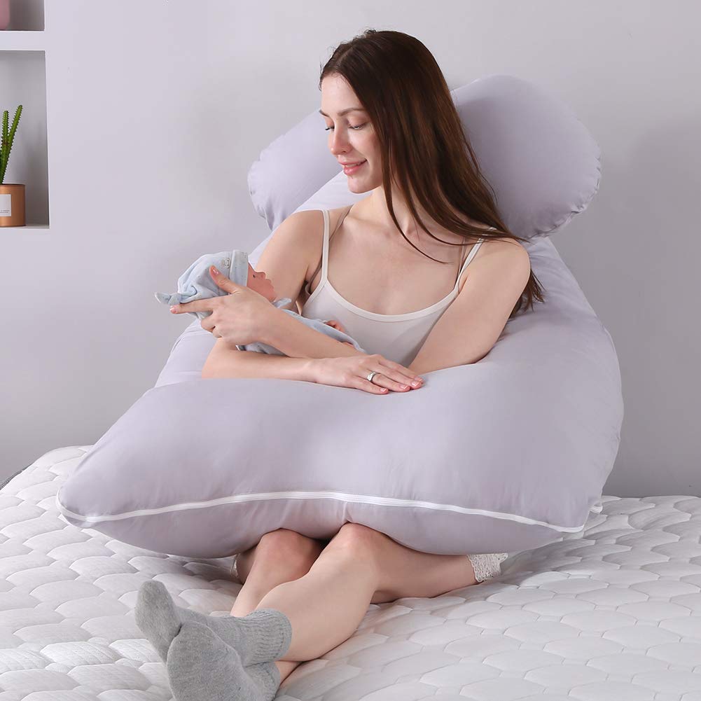 HUIJIE Pregnancy Body Pillow Maternity Pillows for Women Nursing Sleeping Feeding with 57" U Shaped Cotton Detachable Washable Pillowcase (Light Gray)