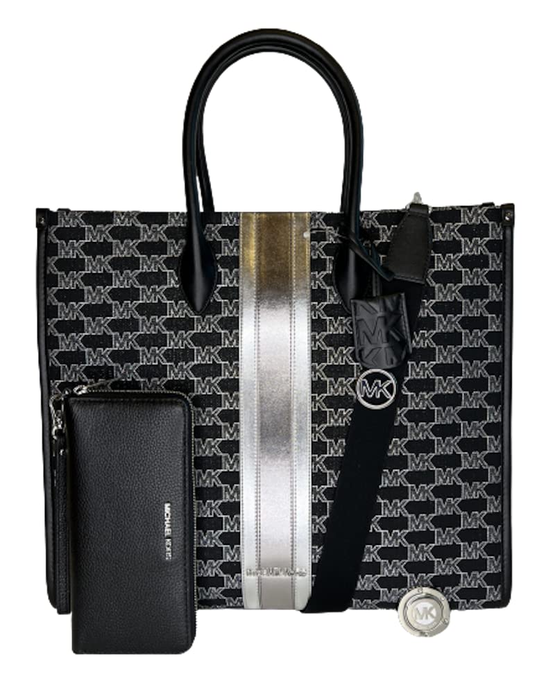 Michael Kors Mirella Large Striped Logo Jacquard Tote Bag bundled with Large Continental Wallet and Purse Hook (Black Multi)