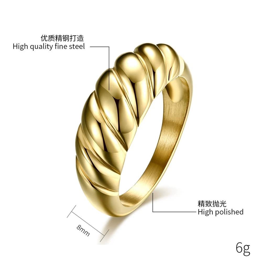 JILIYUPA 14K Gold Plated Croissant Dome Ring Twisted Braided Gold Plated Ring | Chunky Signet Ring, Signet Chunky Dome Ring Stacking Band for Women (Gold, 8)