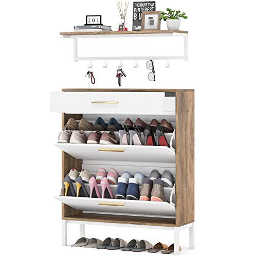 Tribesigns Shoe Cabinet 16 Pairs, Modern Slim 3 Flip Drawers Shoes Rack Storage Organizer with Coat Shelf, White Sneaker Holder Stand with Doors Thin Tipping Shoe Storage Cabinet for Entryway, Hallway
