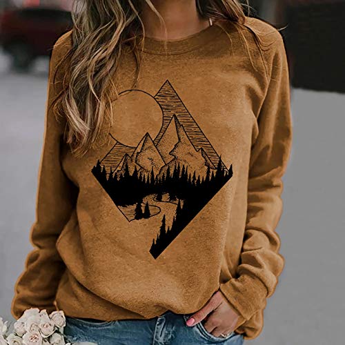 IVERIRMIN Landscape Sweatshirt for Women, Mountain Scenery Printing Sweatshirt Crew Neck Pullover Top-Yellowish-brown-2XL