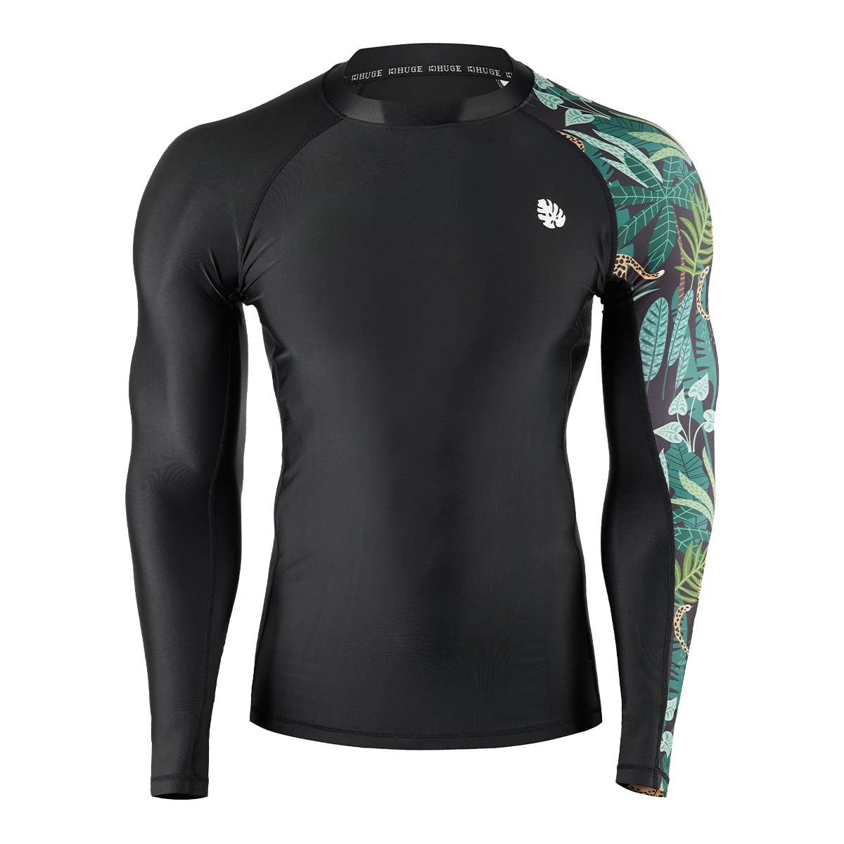 HUGE SPORTS Men's Rash Guard Long Sleeves UPF 50+ UV Sun Protection Quick Drying Splice Compression Swim Shirts Black Leopard