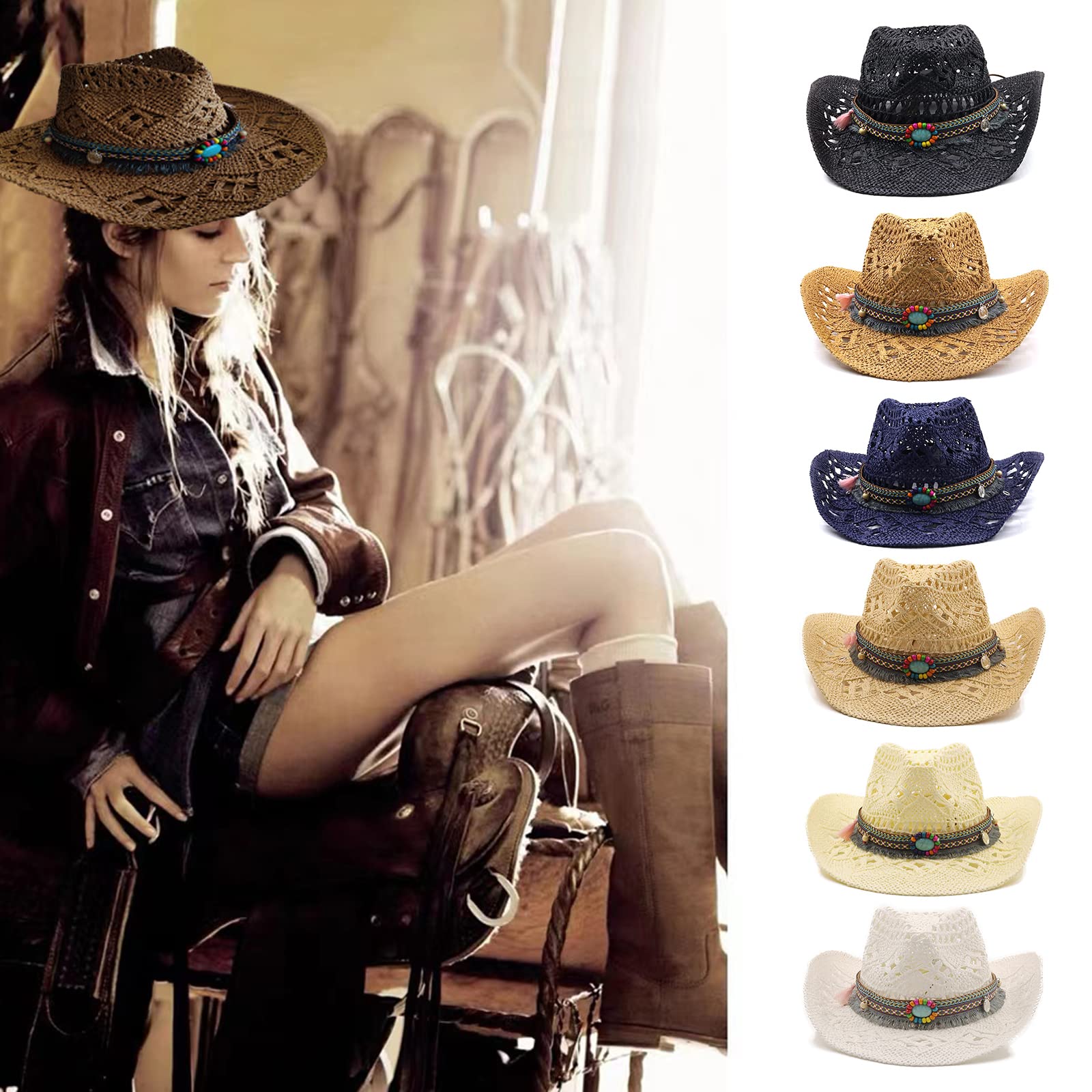 LLYONE Straw Cowboy Hat for Women Wide-Brimmed Western Cowboy Cowgirl Multi-Functional Sun Hat for Summer