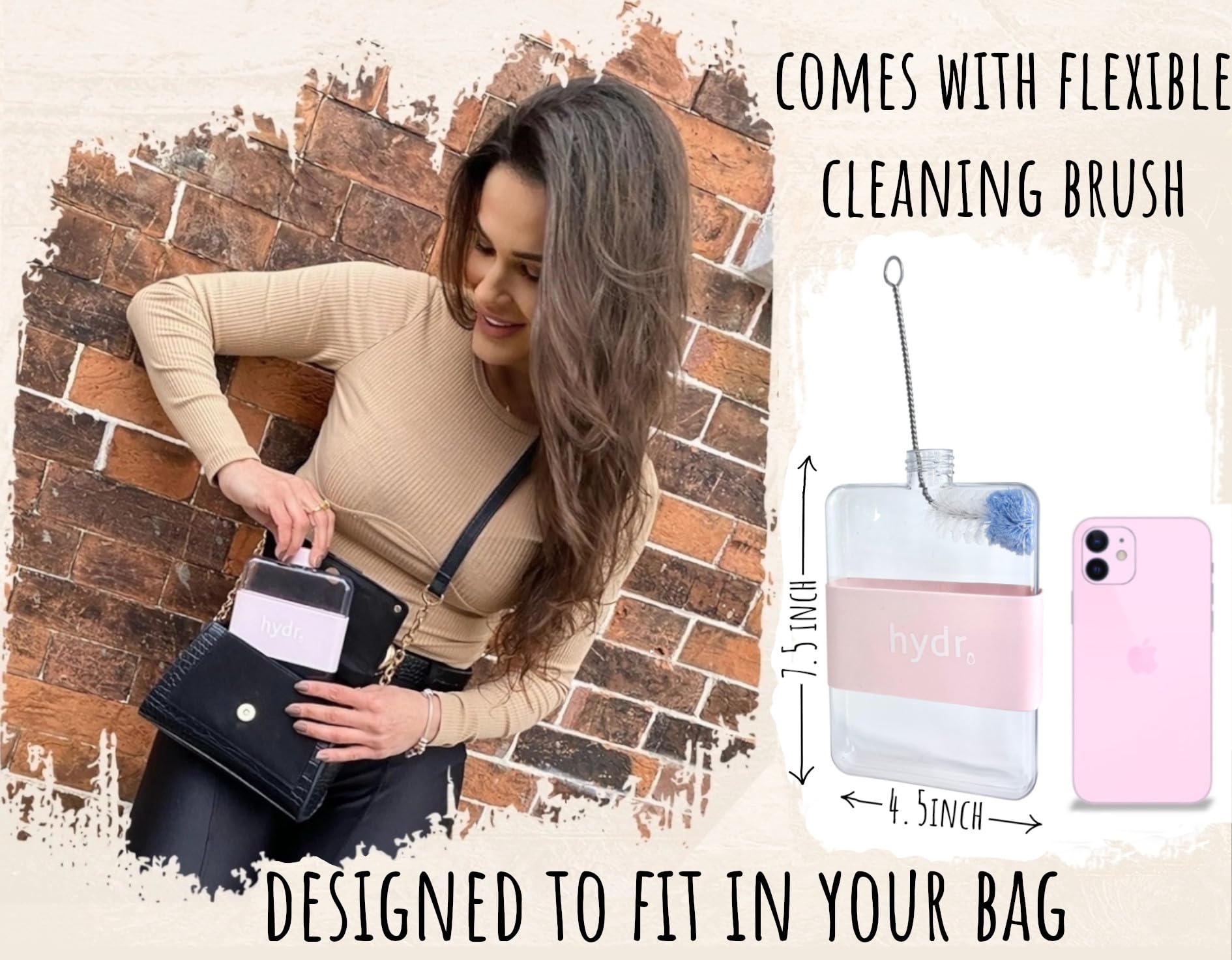 hydr | 15oz Flat Water Bottle For Purse & Flexible Cleaning Brush | BPA Free Square Water Bottle | Leak/Drop Proof Slim Water Bottles For Travel, small water bottle