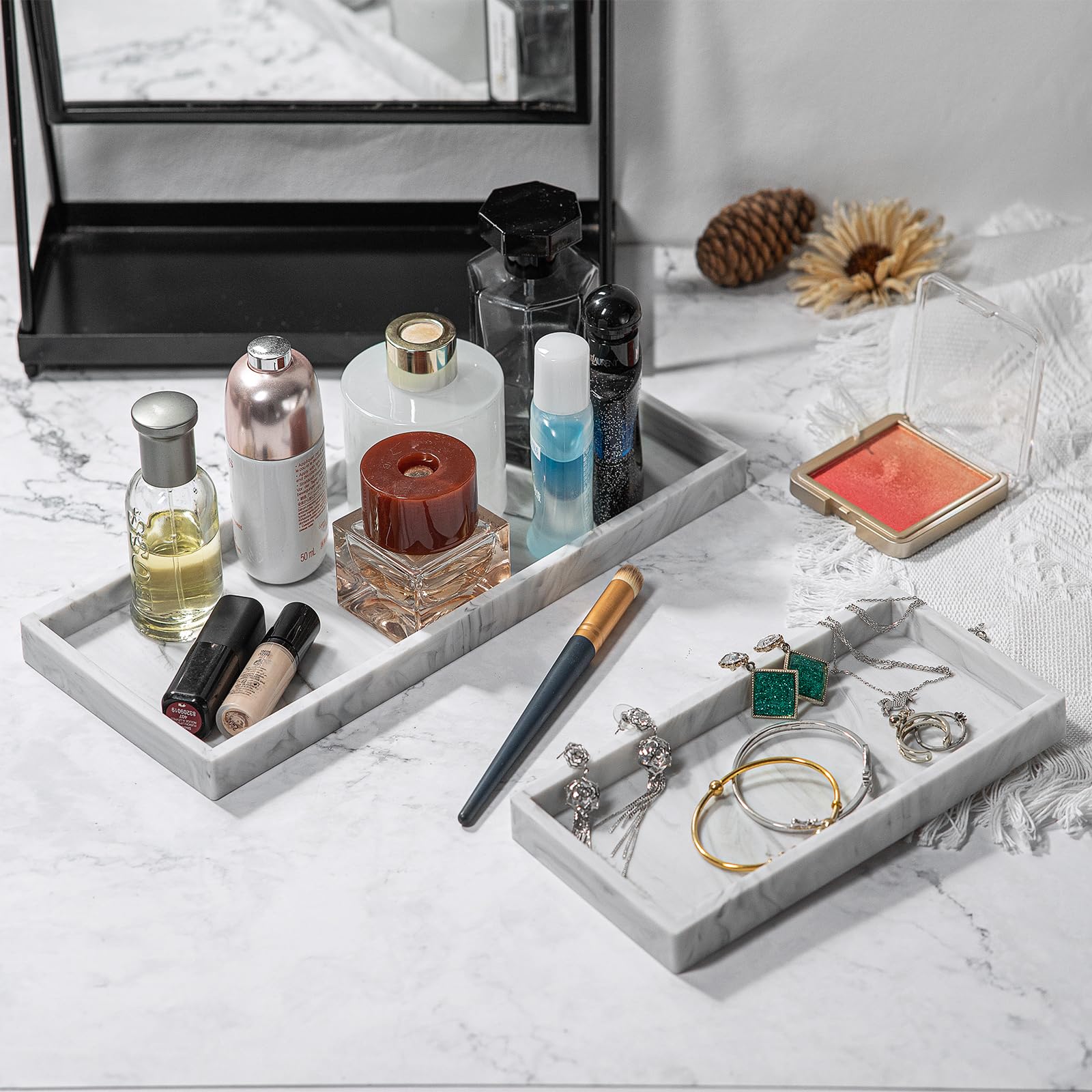 YEMTAL Bathroom Sink Countertop Vanity Organizer Tray, Silicone Kitchen Organizer Soap Tray, Organizer Counter Tray for Jewelry Perfume Cosmetics Keys - White Rectangular Set 7.7β+ 11.7β