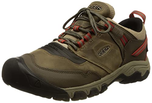 KEEN Men's Ridge Flex Low Height Waterproof Hiking Shoes, Timberwolf/Ketchup, 12 Wide